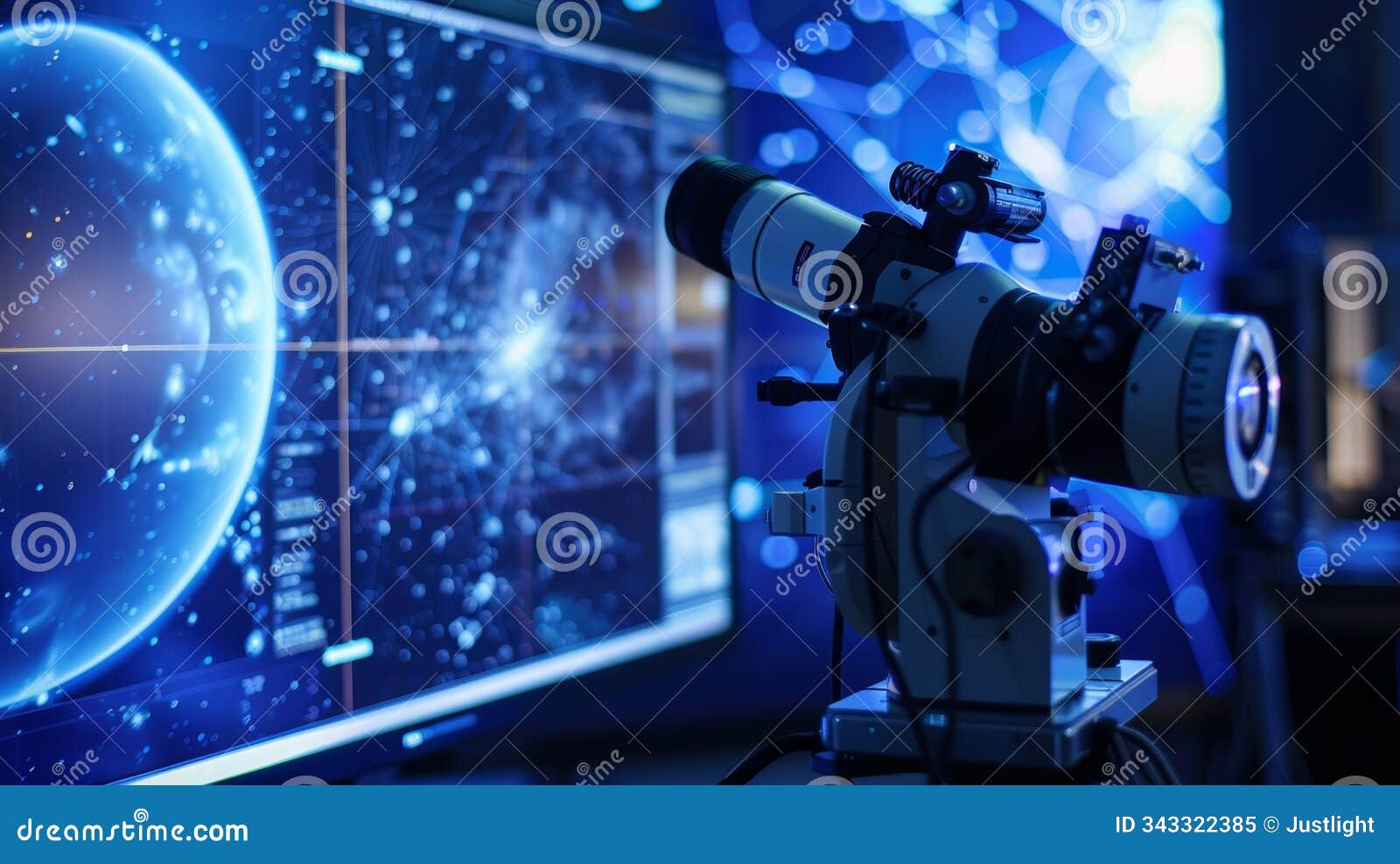 Modern Telescope Pointing at Digital Display Showing Planet Earth and ...