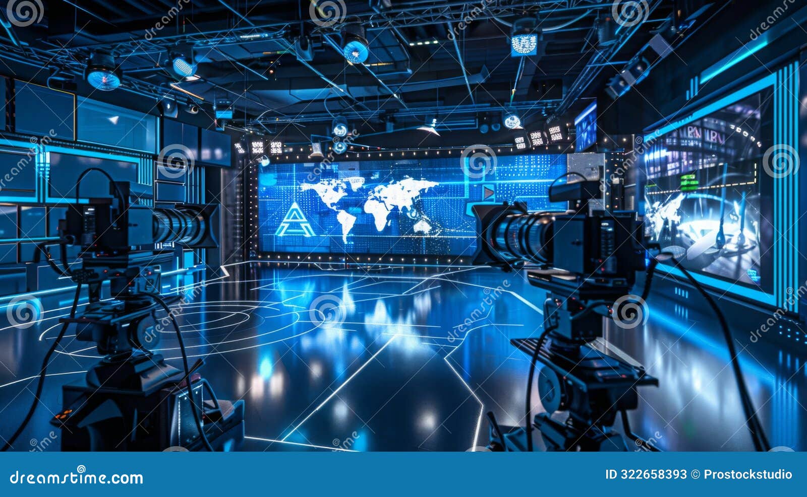 Modern Television Studio with Cameras and World Map Display Stock Image ...