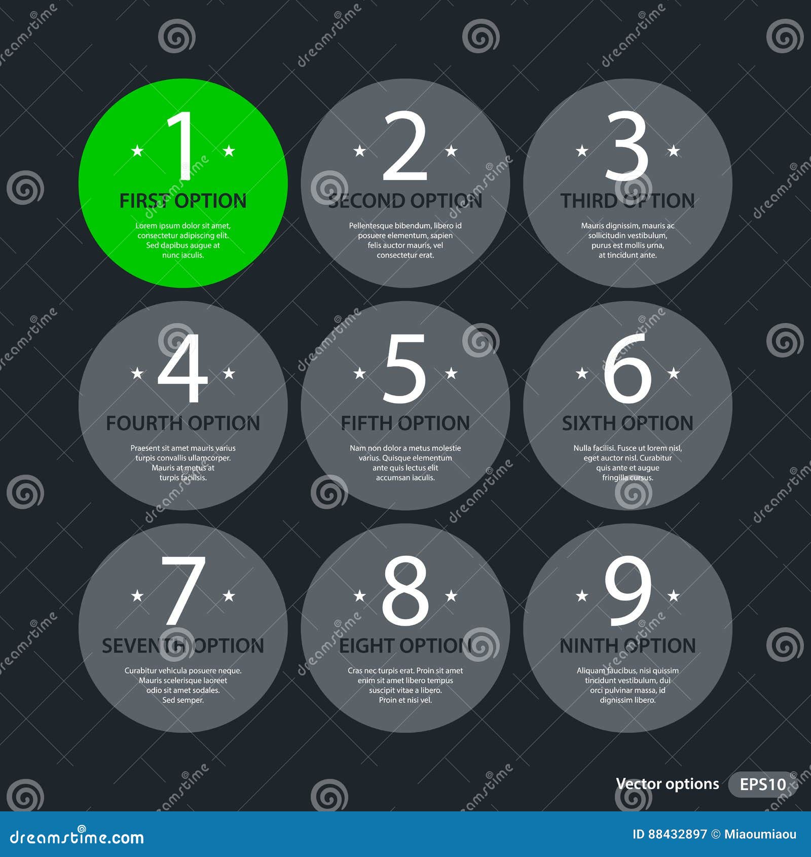 Modern Template with Nine Numbered Round Badges in Flat Style on Dark ...