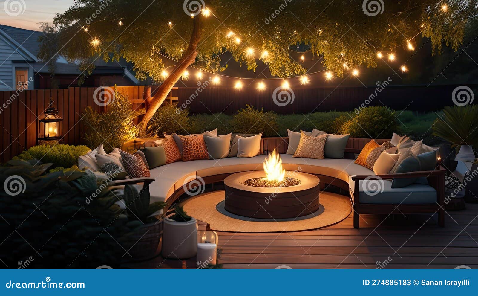 Modern Terrace in the Garden at Night. 3D Rendering Stock Illustration ...