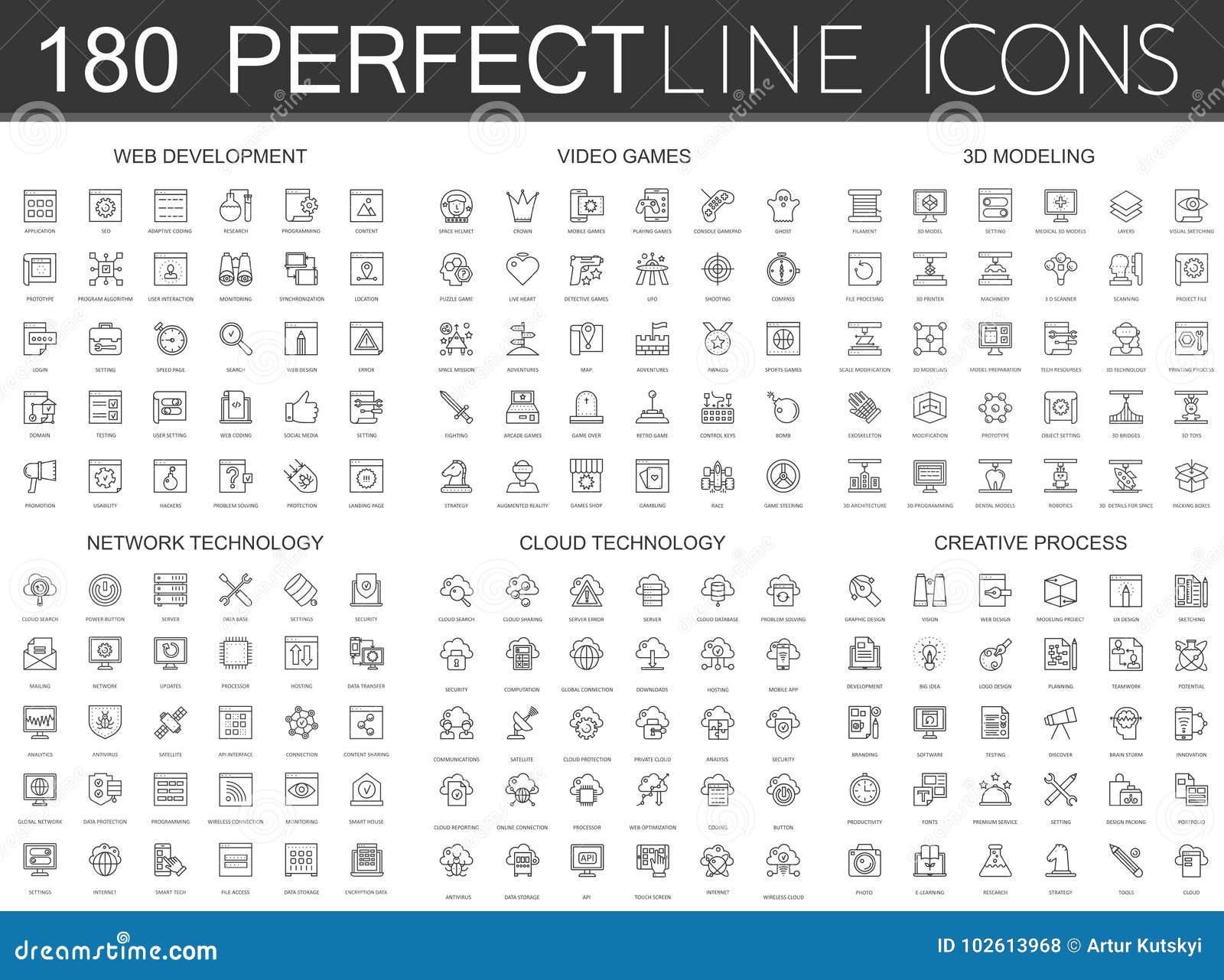 180 Modern Thin Line Icons Set of Web Development, Video Games, 3d ... 180 Modern Thin Line Icons Set of Web Development, Video Games, 3d ...