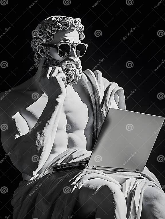 Modern Thinker Engaged with Technology in a Classical Statue Portrayal ...