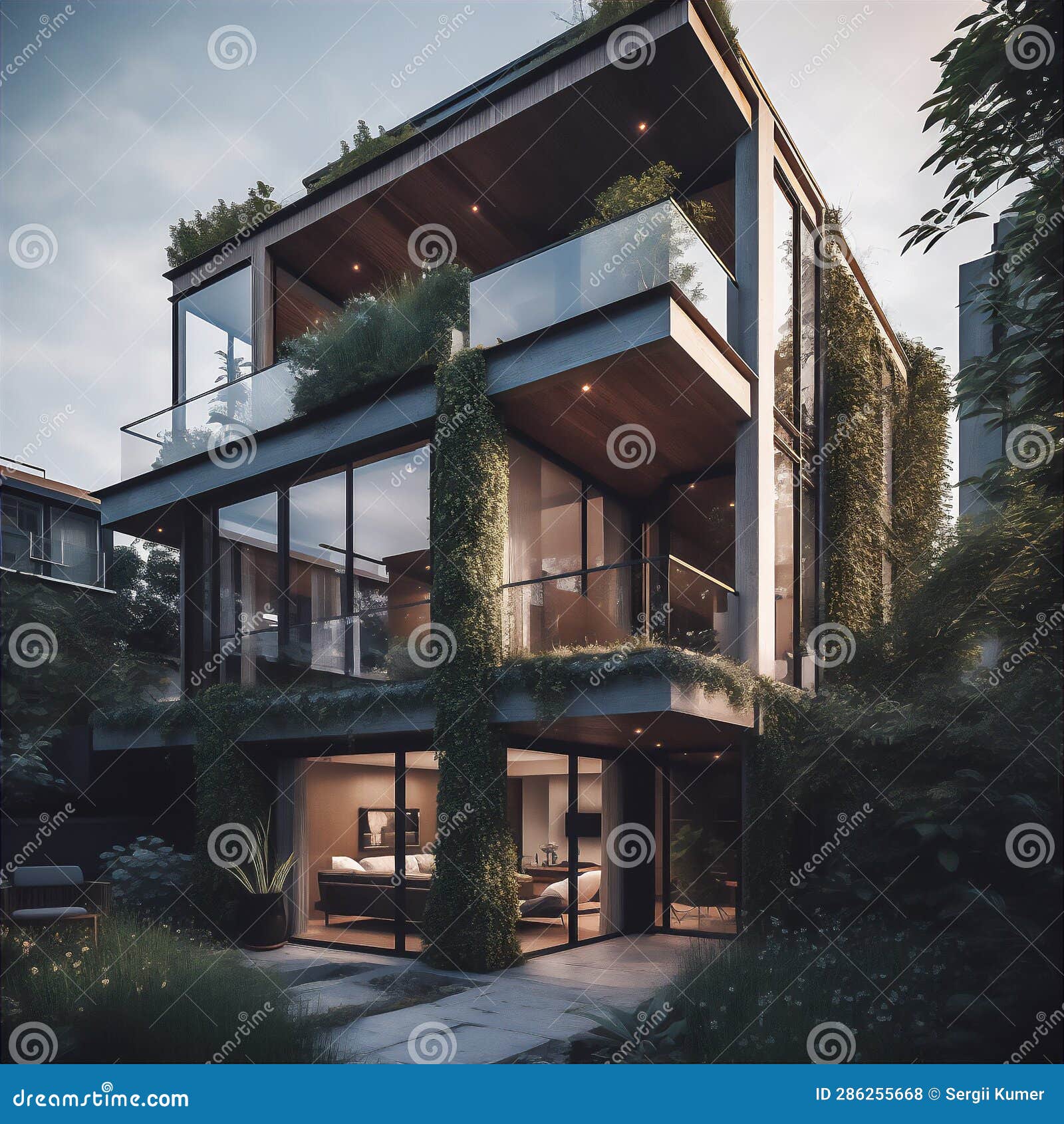 Modern Three-story House with Big Windows and Lots of Greens. AI ...