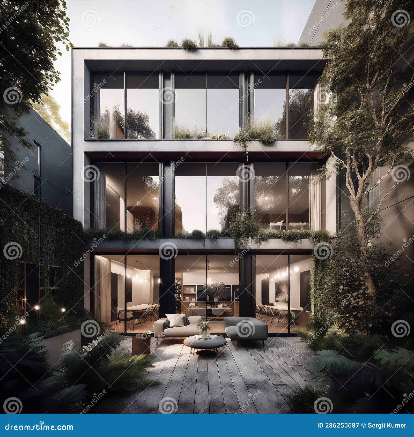 Modern Three-story House with Big Windows and Lots of Greens. AI ...