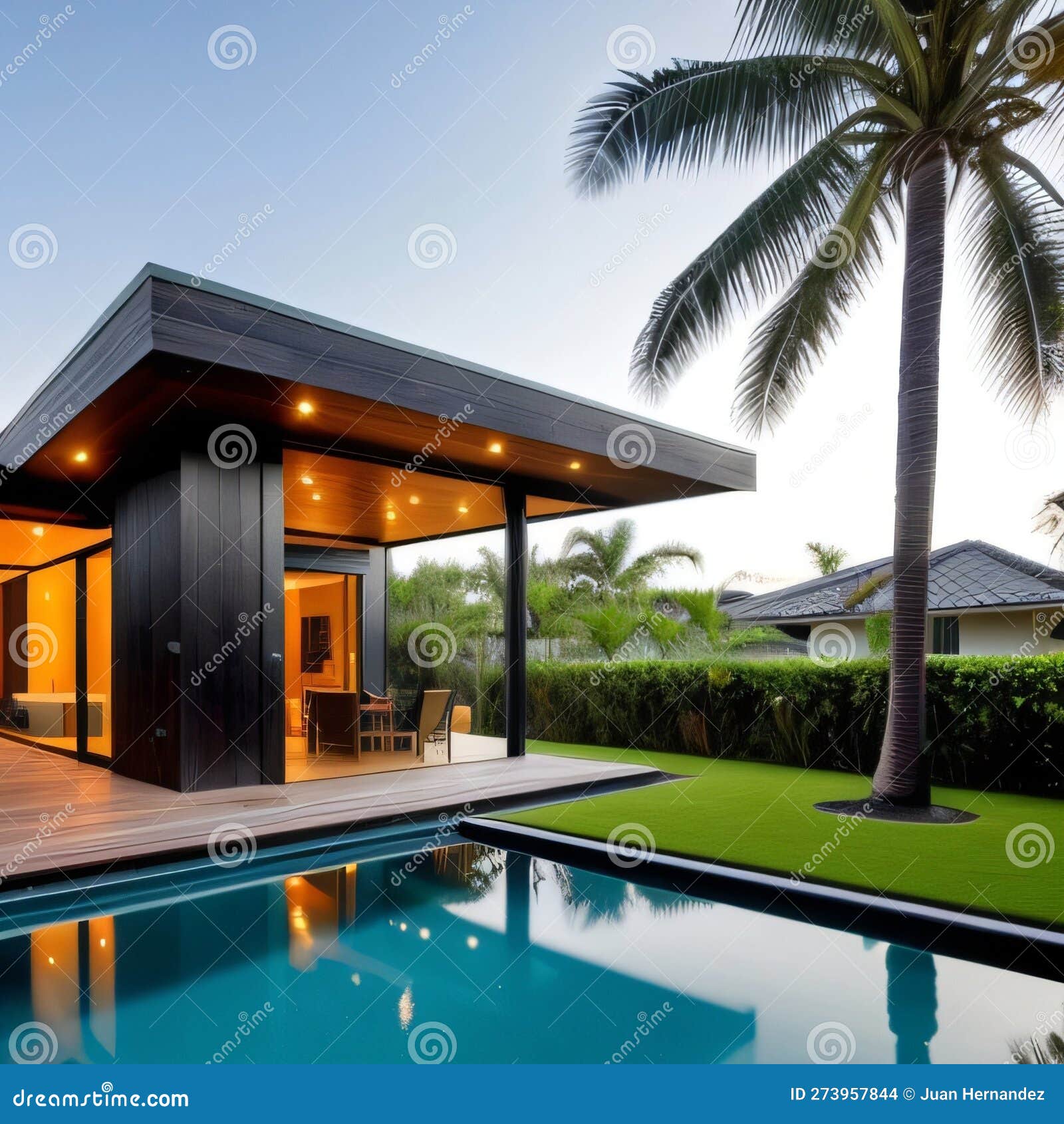 Modern Tiki Style Home with Metal, Lights, Palm Tree and a Pool Stock ...