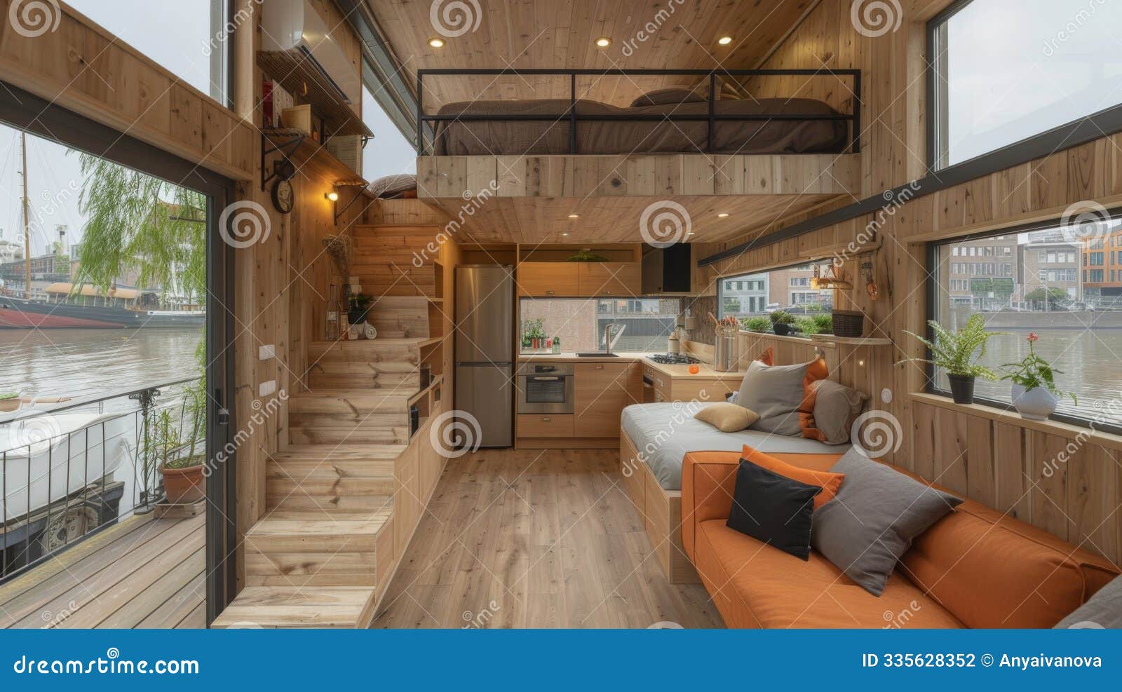 Modern Tiny House Interior Overlooking Water with Loft Bed and Cozy ...