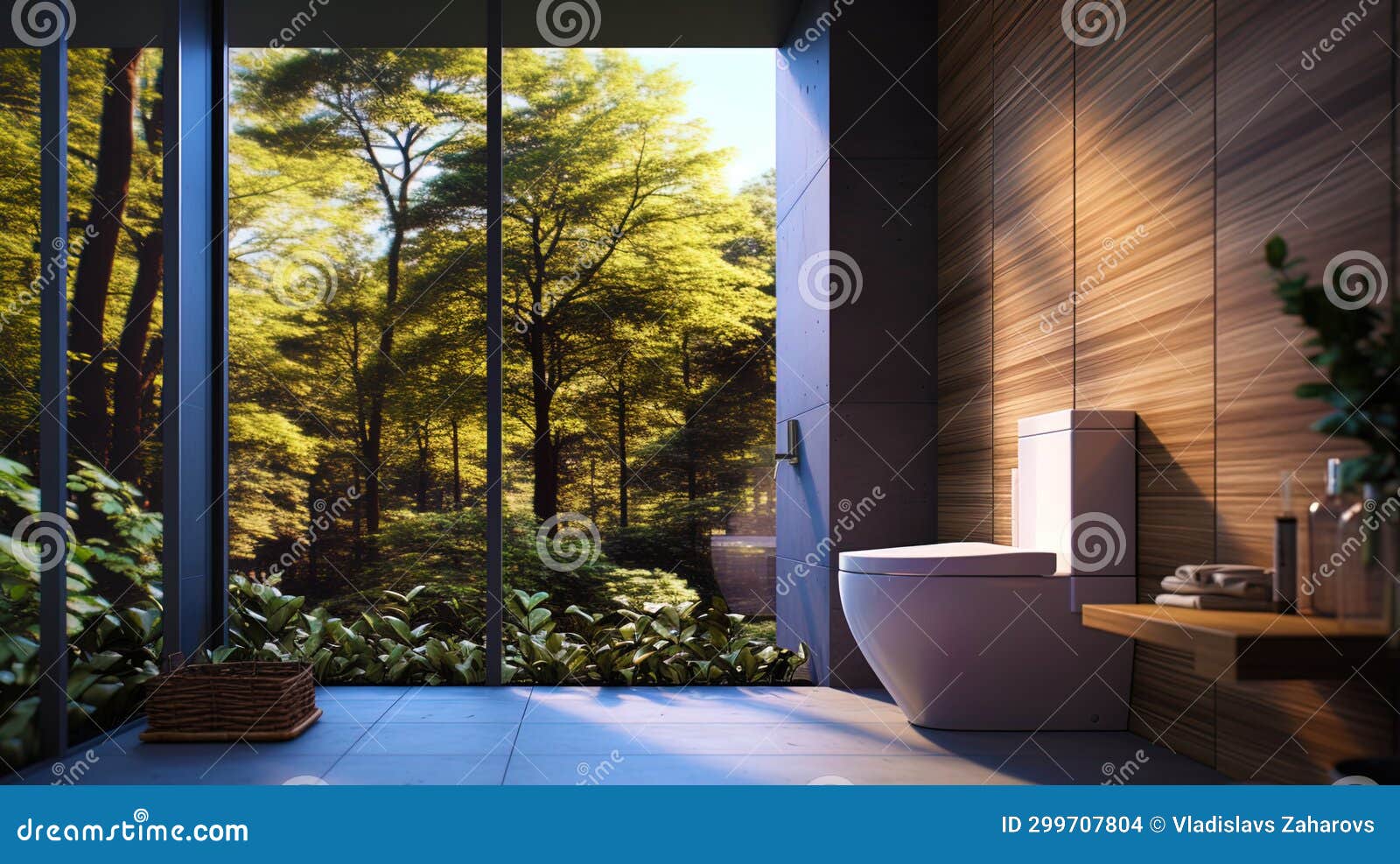 Modern Toilet with Large Windows and Nature Views Stock Illustration ...