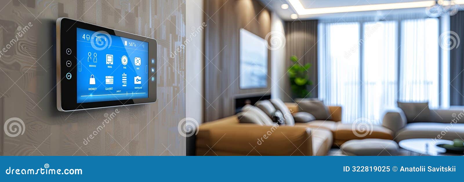 A Modern Touchscreen Control Panel Mounted on the Wall Displays Home ...