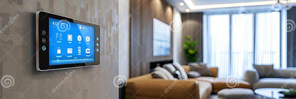 A Modern Touchscreen Control Panel Mounted on the Wall Displays Home ...