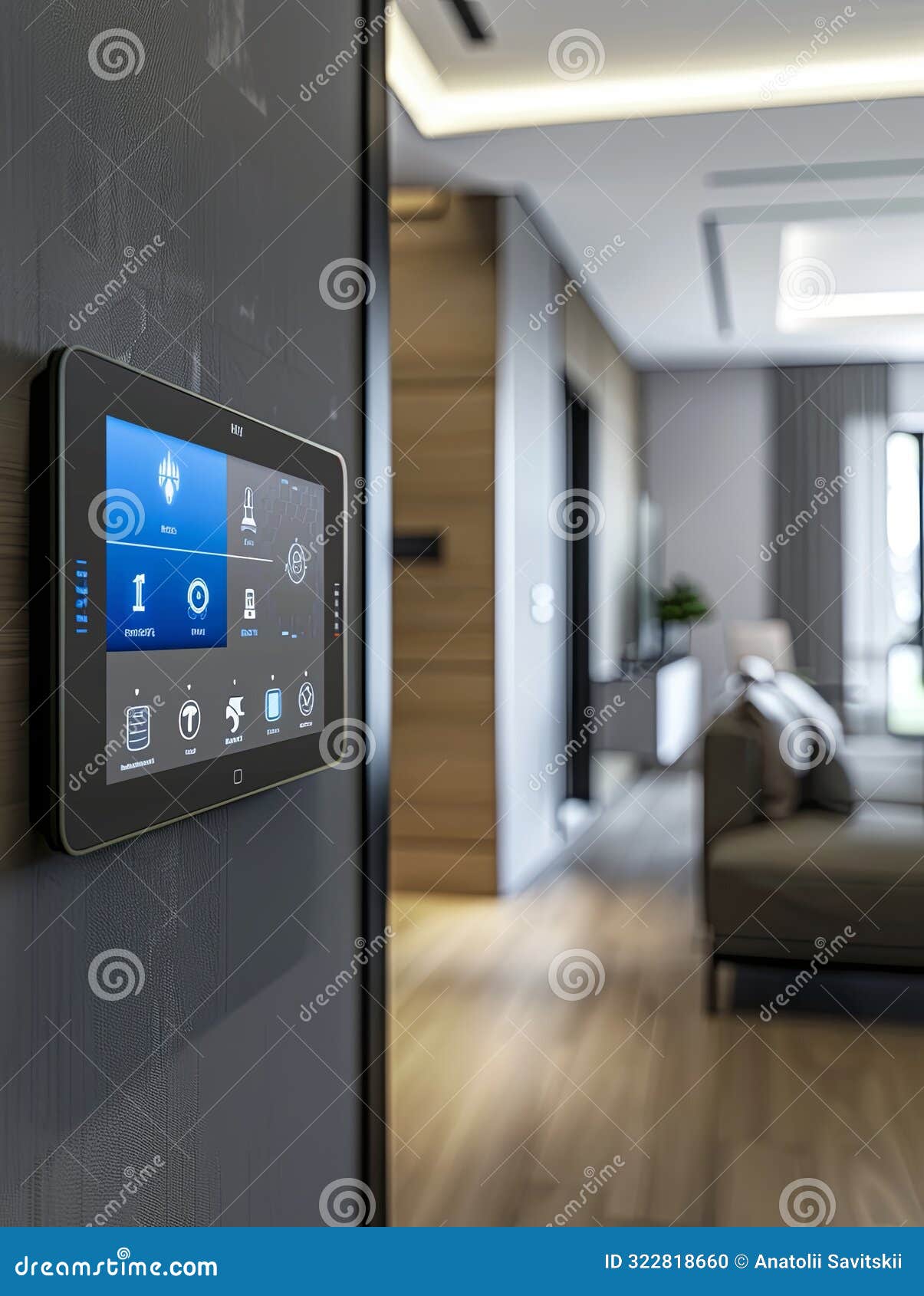 A Modern Touchscreen Control Panel on a Wall in a Smart Home Displays ...