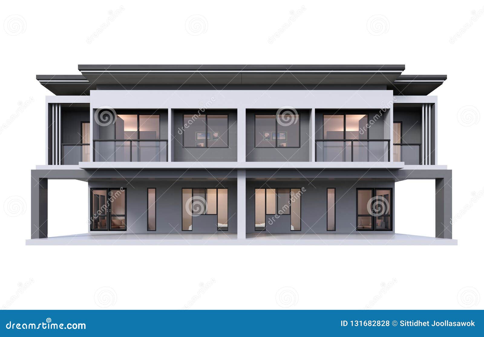 Modern Townhome 3d Rendering on White Background. Stock Illustration ...
