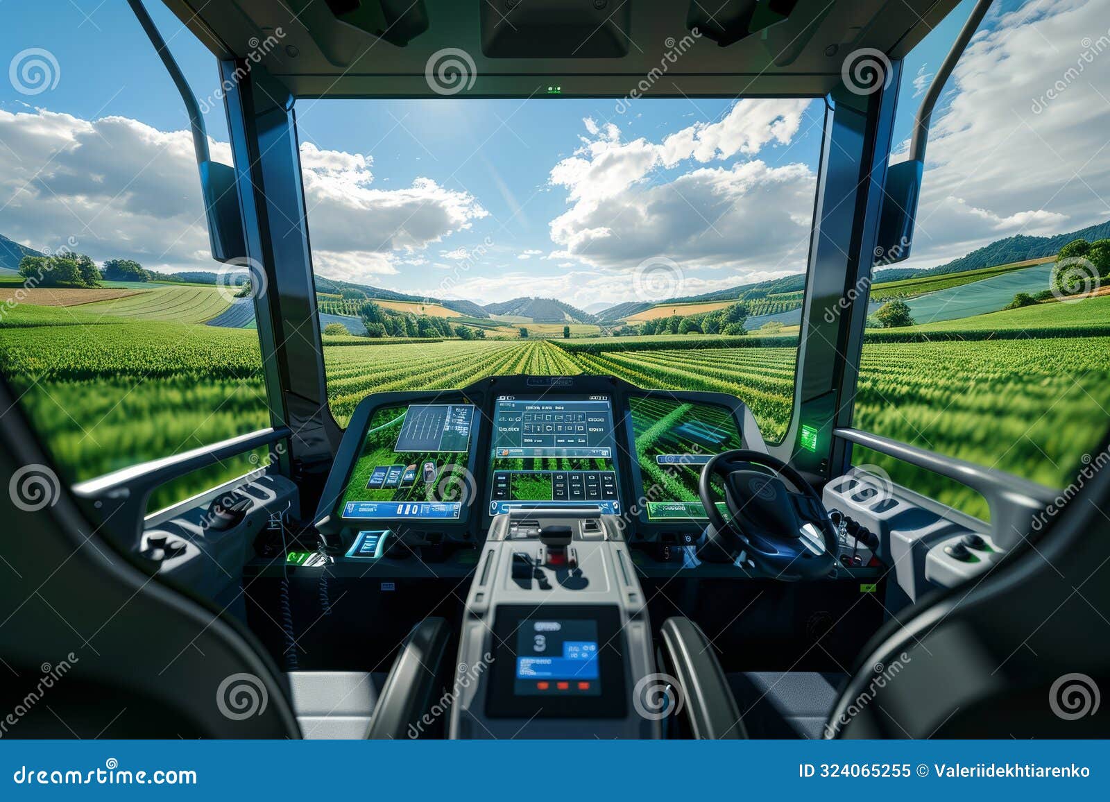 Modern Tractor Cockpit Showcasing Advanced Technology Overlooking Lush ...