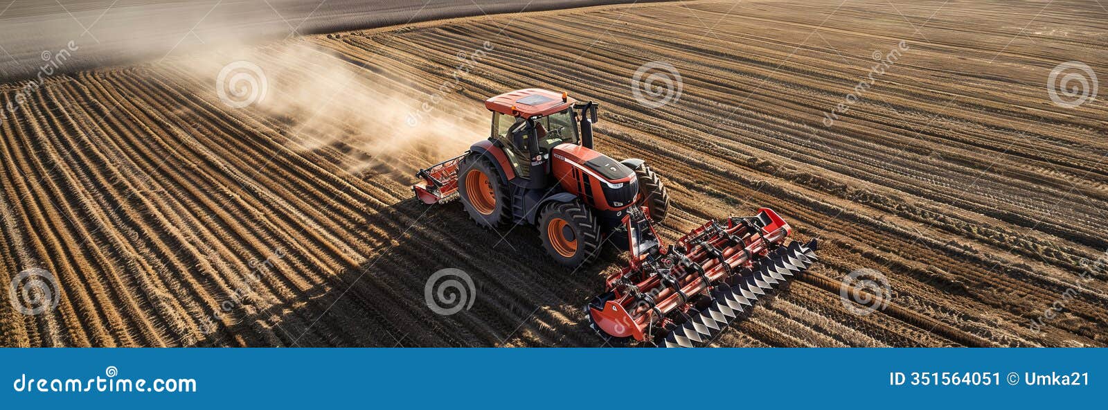 Modern Red Tractor Tilling Field At Sunset With Dramatic Sky Royalty ...