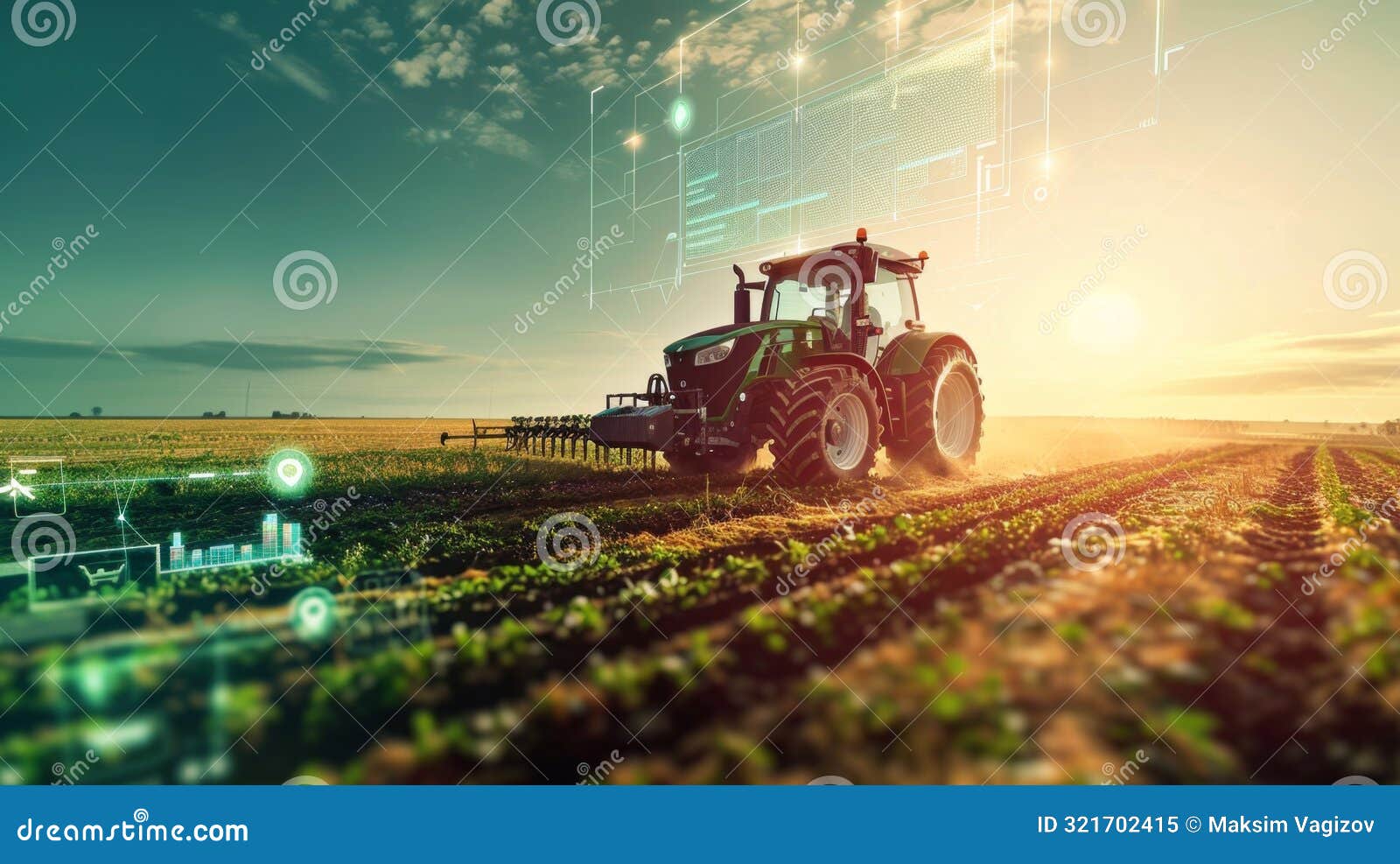 Modern Tractor in Smart Agriculture Field with AI Data Visualization ...