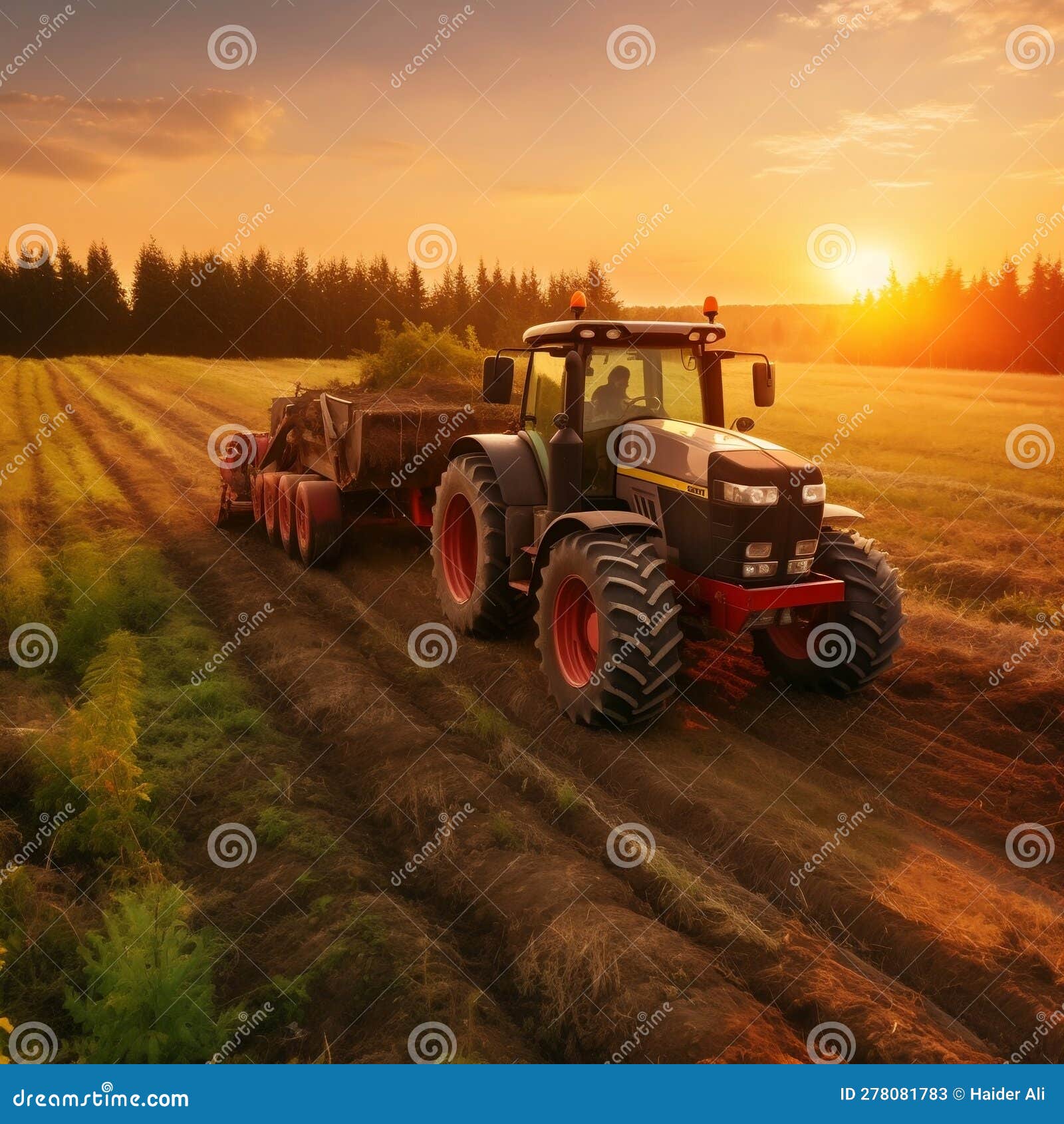 Modern Tractor: Sunset Field Work. Generative AI Stock Illustration ...