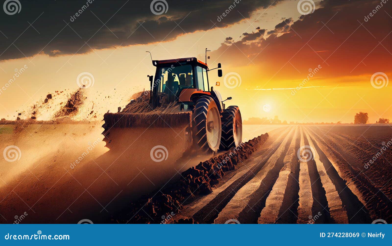 Modern Tractor at Sunset or Sunrise Stock Illustration - Illustration ...