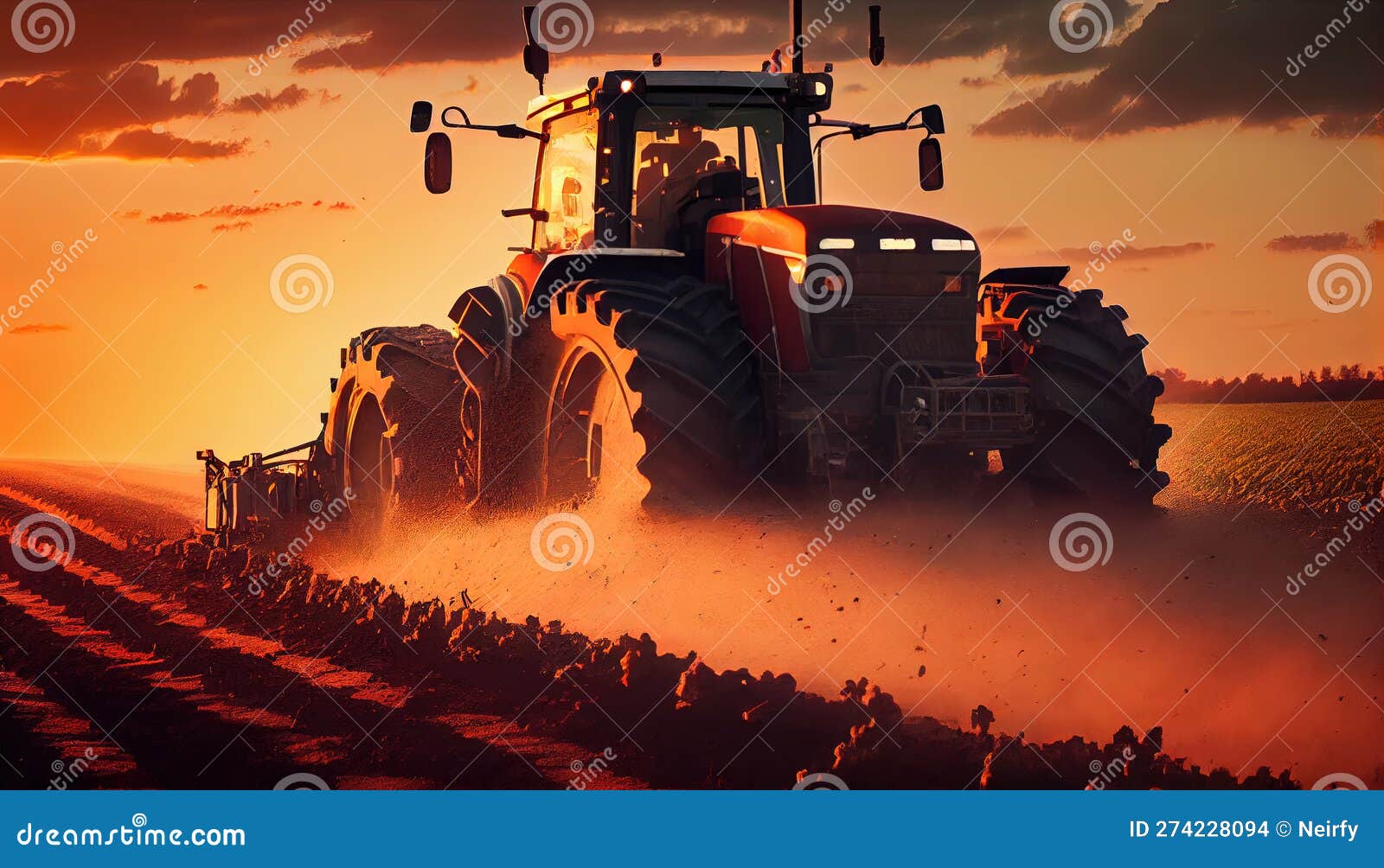 Modern Tractor at Sunset or Sunrise Stock Illustration - Illustration ...
