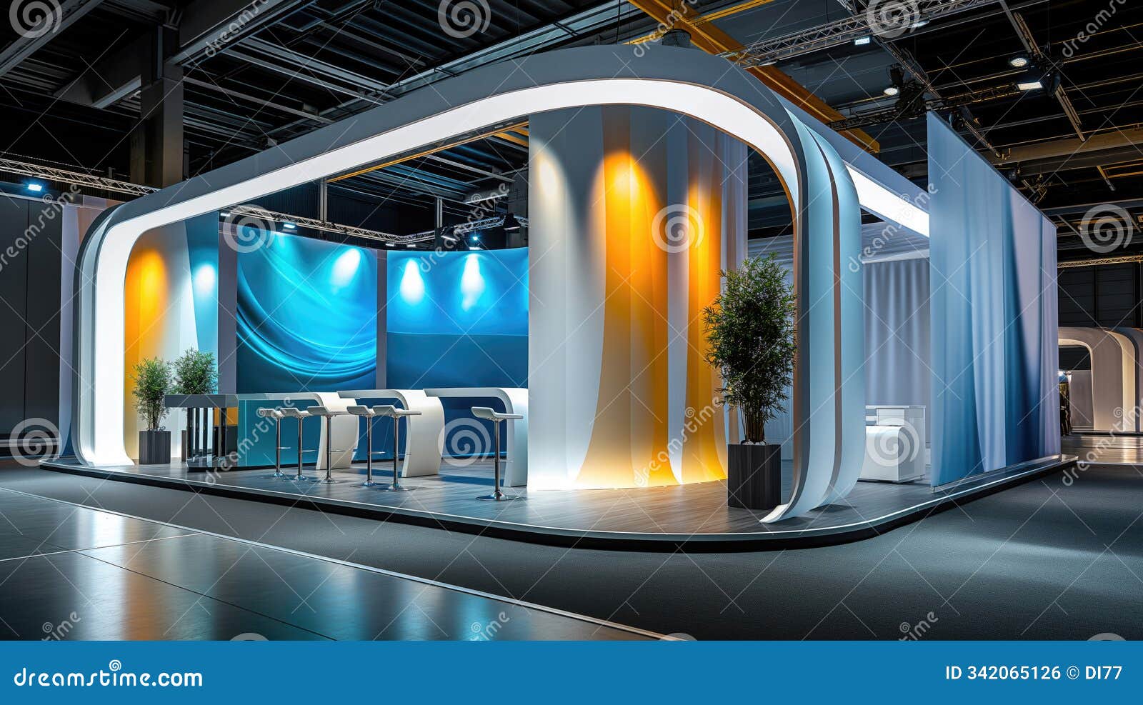 Modern Trade Show Booth with Curved Design and Illuminated Panels Stock ...