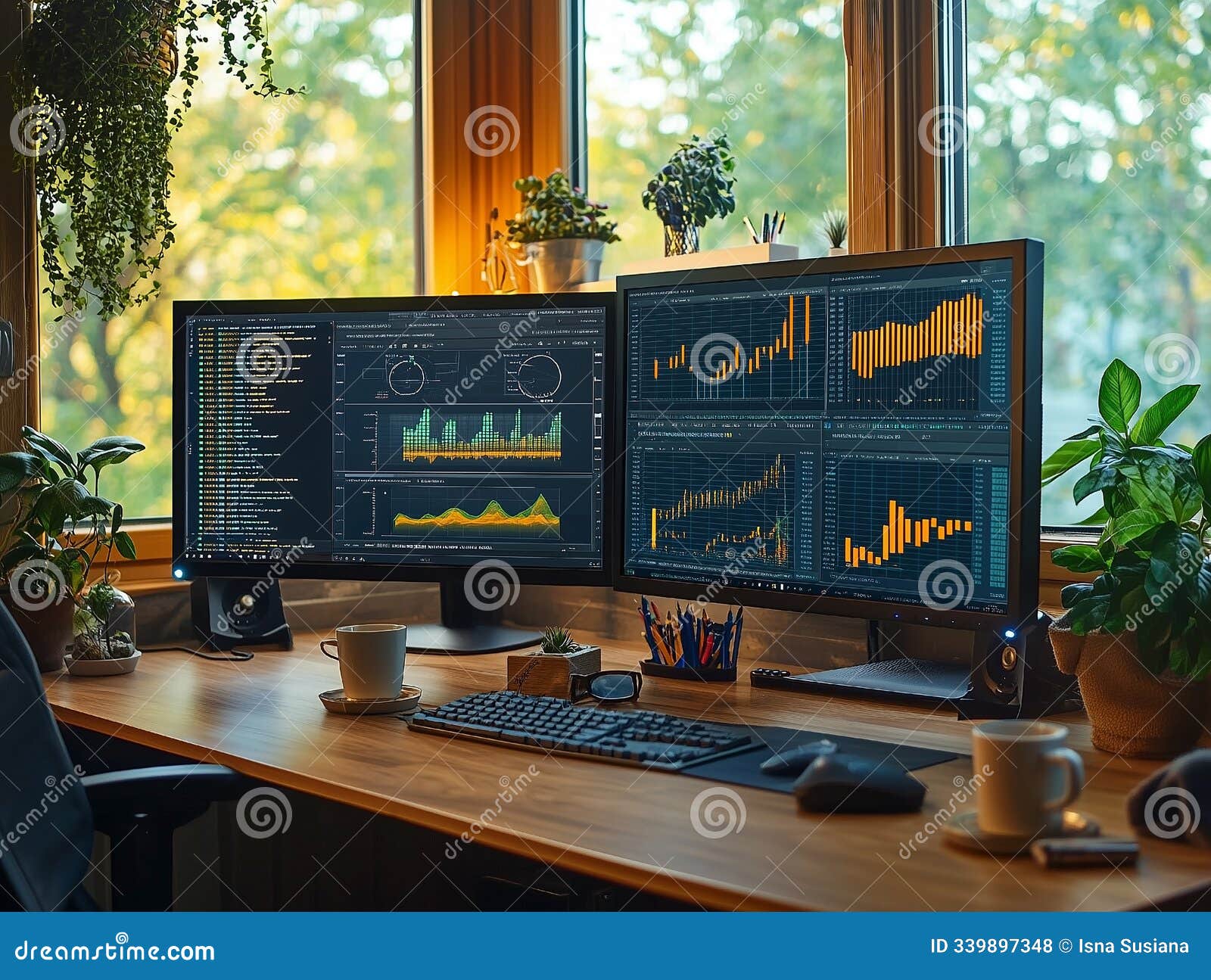 Modern Trading Setup with Multiple Monitors in Cozy Home Office Stock ...