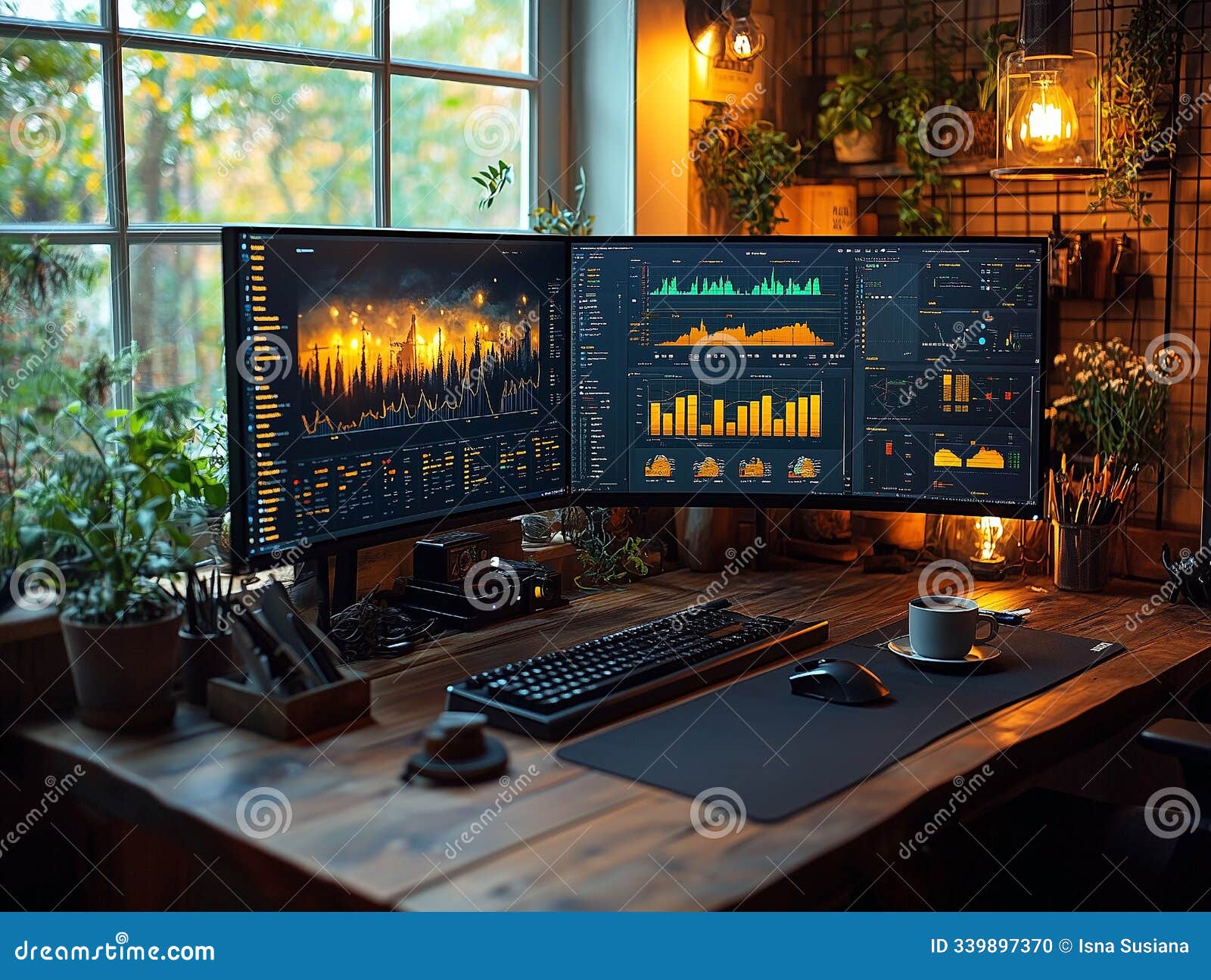 Modern Trading Setup with Multiple Monitors in Cozy Home Office Stock ...
