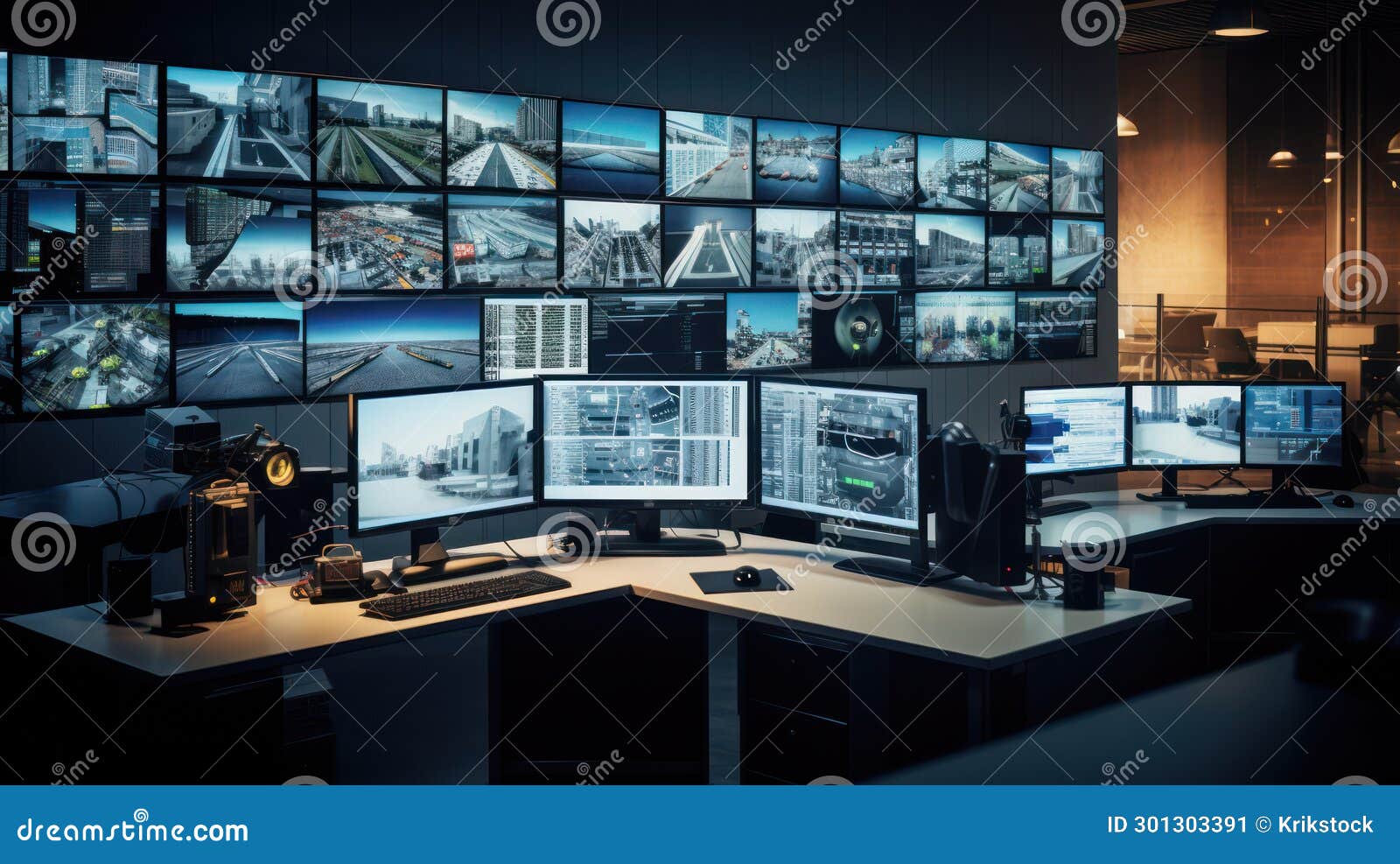 Modern Traffic Control Room with Multiple Screens Stock Illustration ...