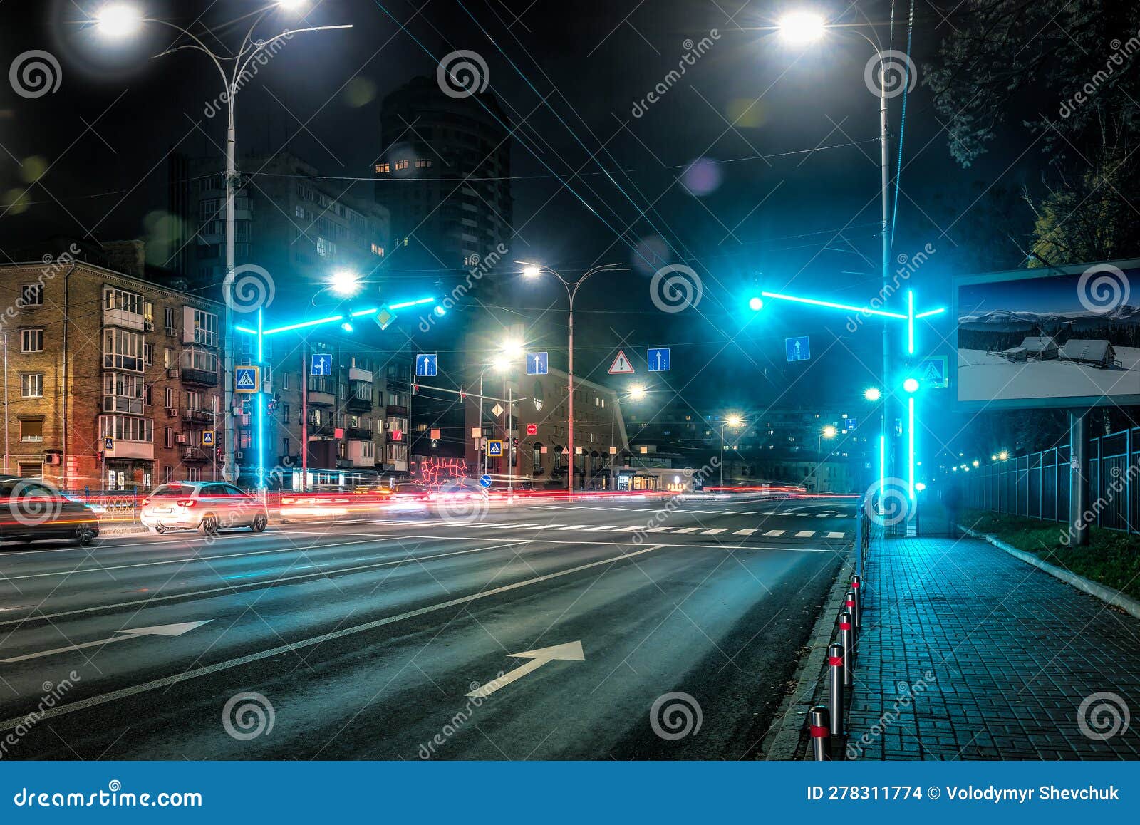 Modern Traffic Light Semaphore in Night City Stock Photo - Image of ...