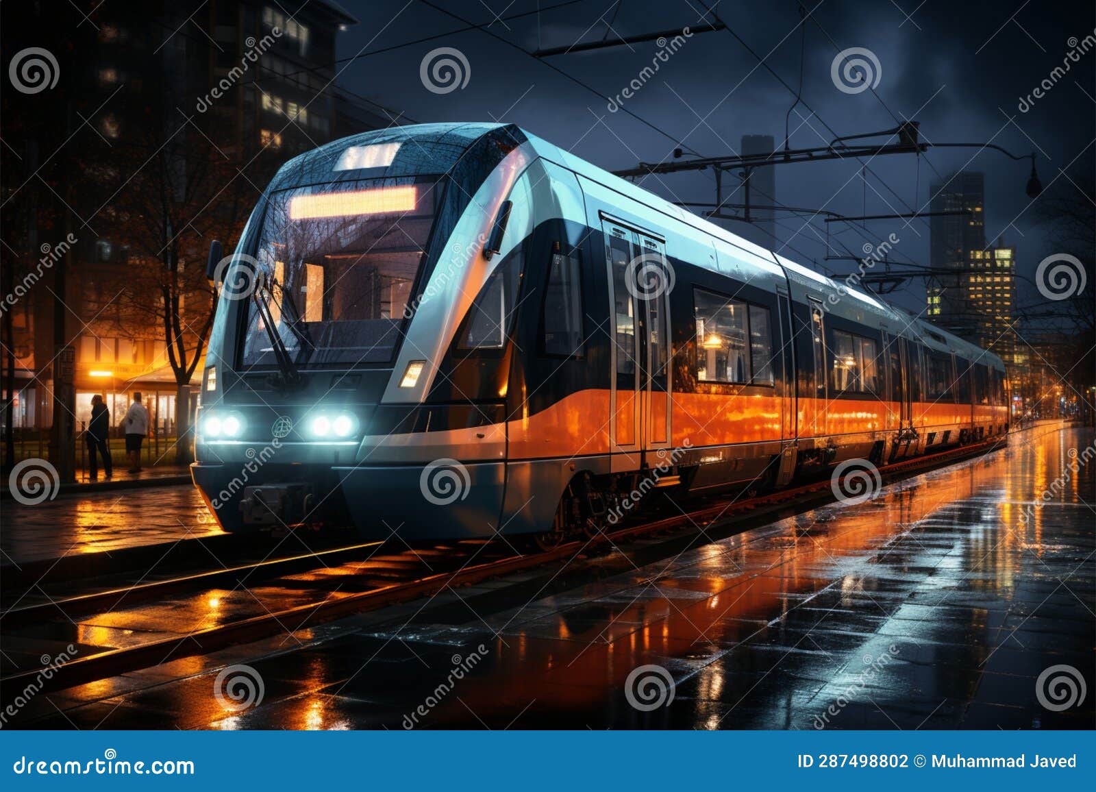 Modern Train Reaches Platform in Night View of Bustling Train Station ...
