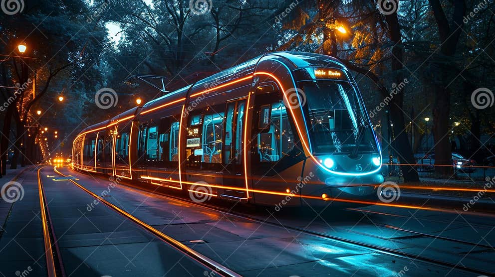 Modern Tram at Night - Generative Ai Stock Illustration - Illustration ...