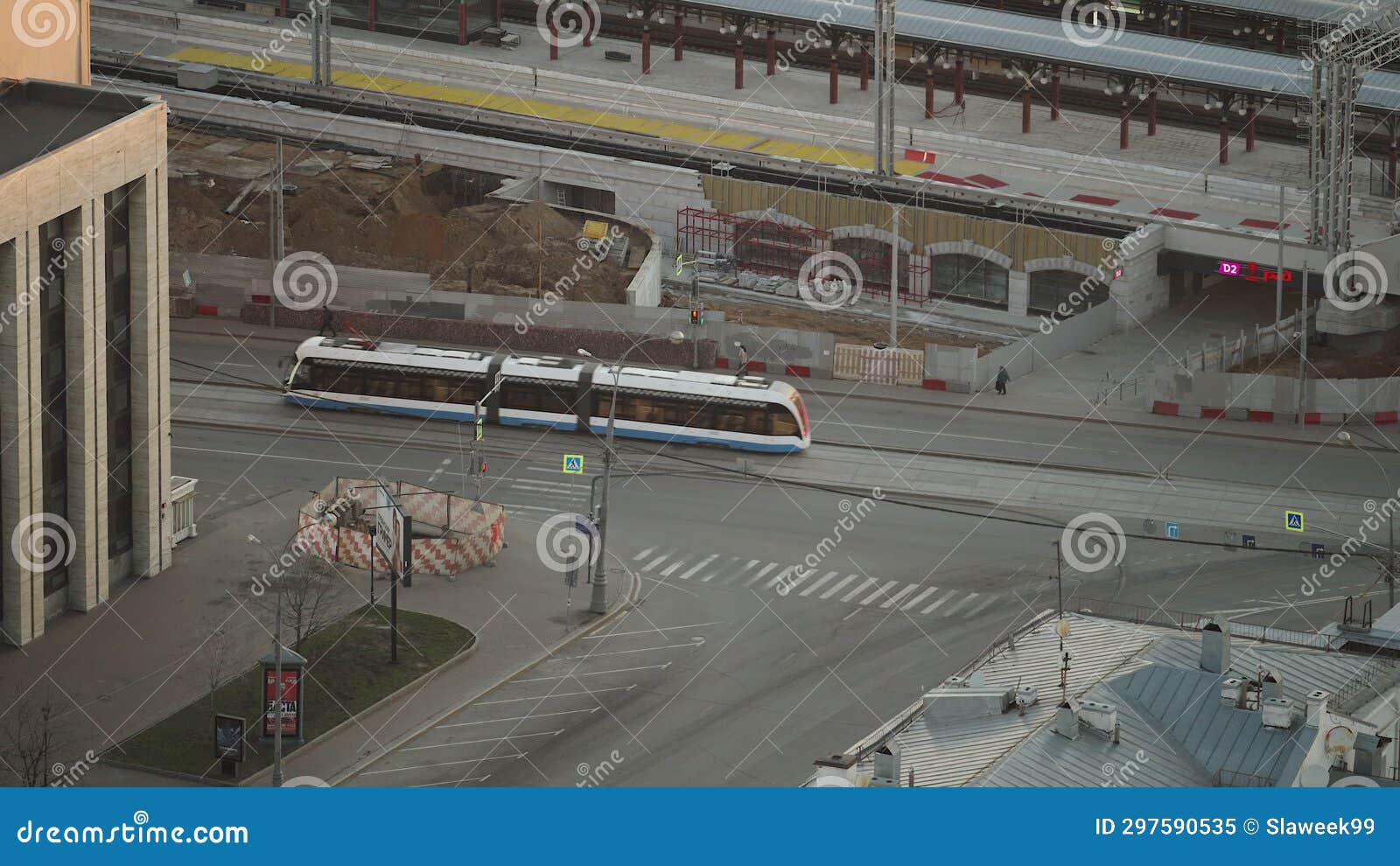 One a Modern Tram Passes through an Intersection Alone, Top View Stock ...