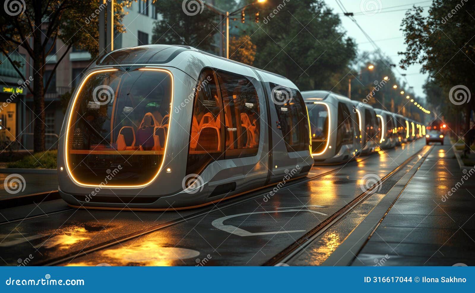 A Modern Tram Rides Along City Streets Stock Illustration ...