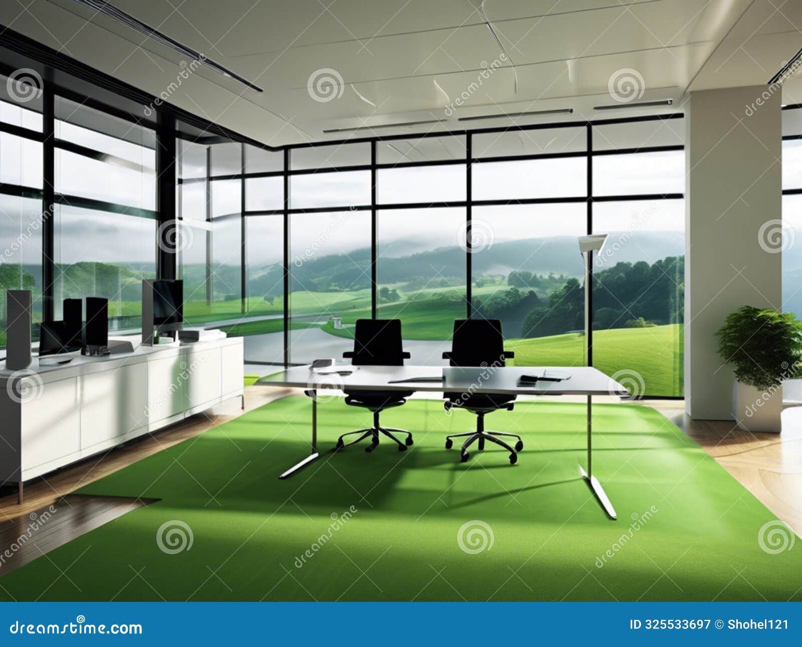 Modern Tranquility: Scenic Office with Minimalist Design and Panoramic ...