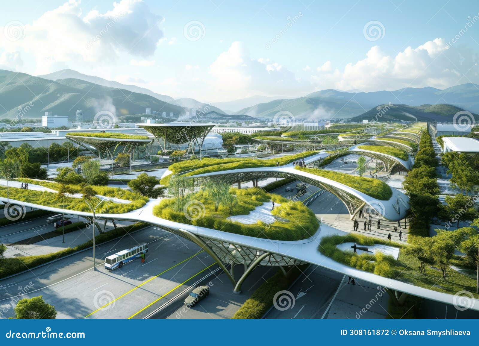 Modern Transportation Complex with Green Spaces and Pedestrian Walkways ...