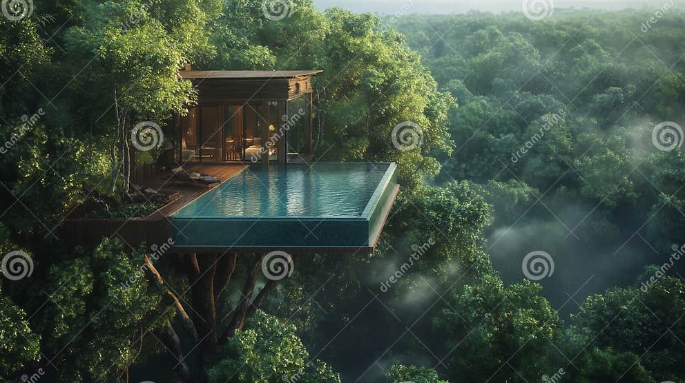 Modern Treehouse with Infinity Pool Overlooking a Lush Forest Stock ...