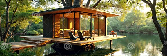 Modern Treehouse Overlooking Calm Lake with Lush Greenery Stock Photo ...