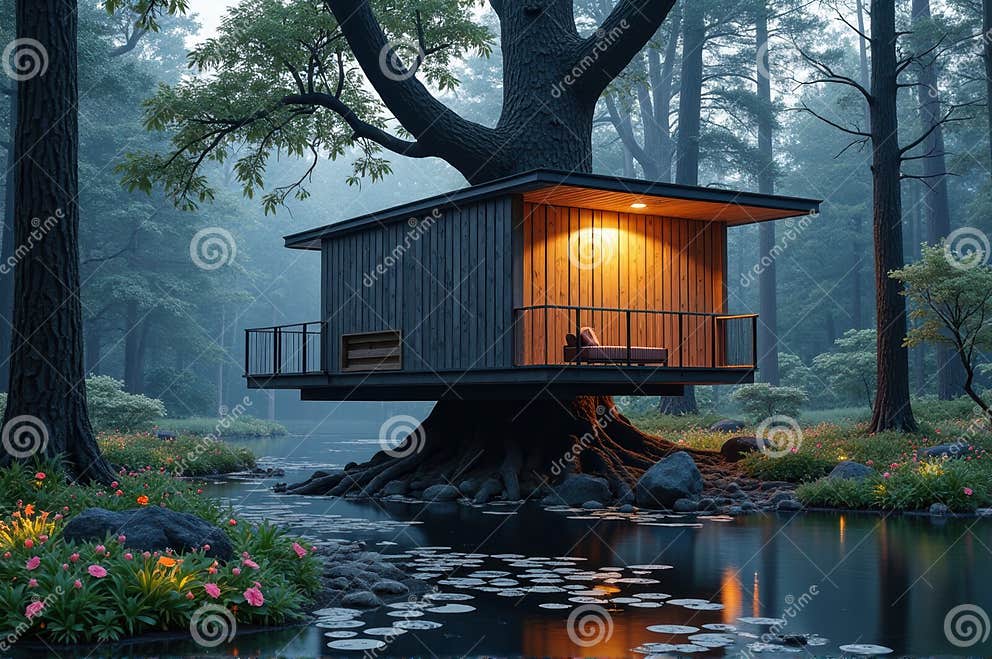 Modern Treehouse Retreat in Serene Forest Setting with Tranquil Pond ...