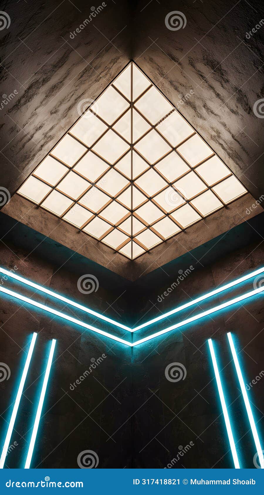 Modern Triangular Room with Golden Skylight, Blue Neon Strips, and ...