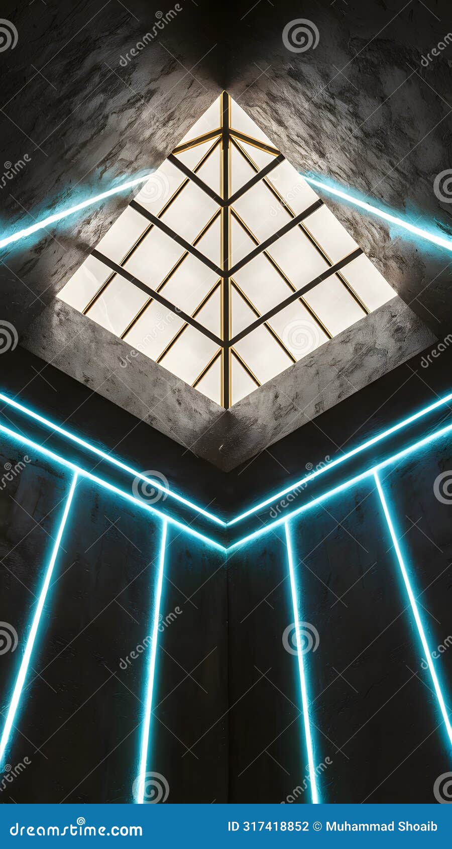 Modern Triangular Room with Golden Skylight, Blue Neon Strips, and ...