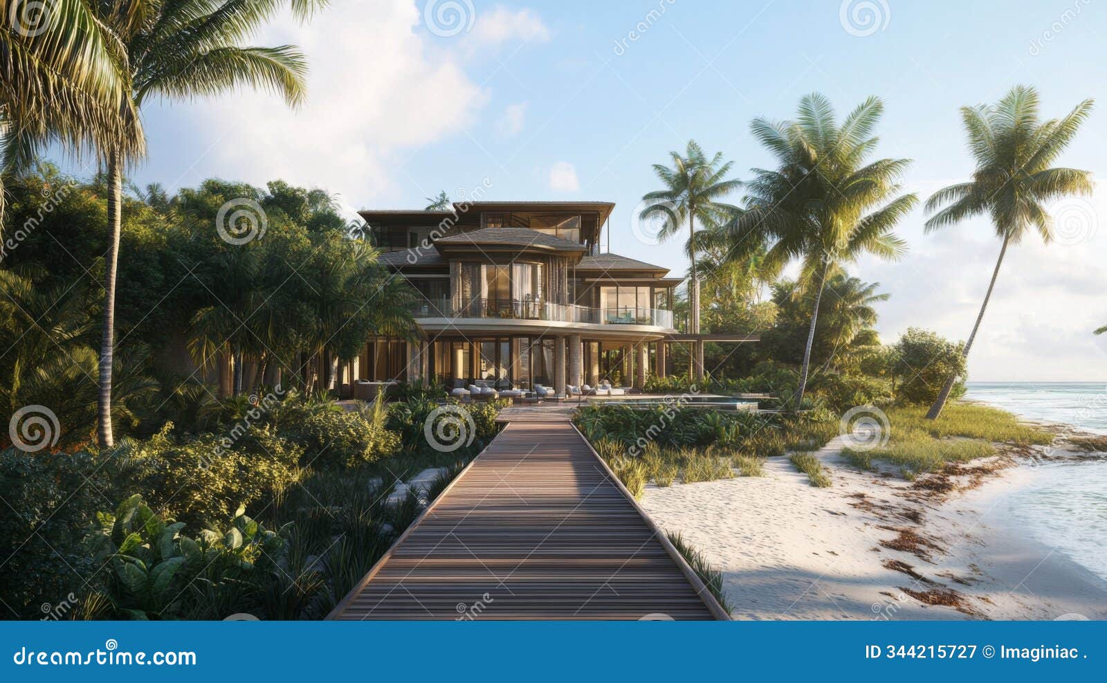 Modern Tropical Beach House with Wooden Walkway Stock Illustration ...