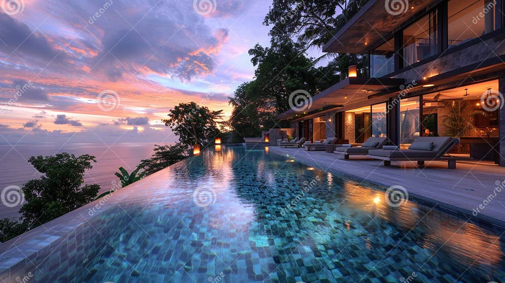 Modern Tropical Resort with Infinity Pool at Sunset Stock Photo - Image ...