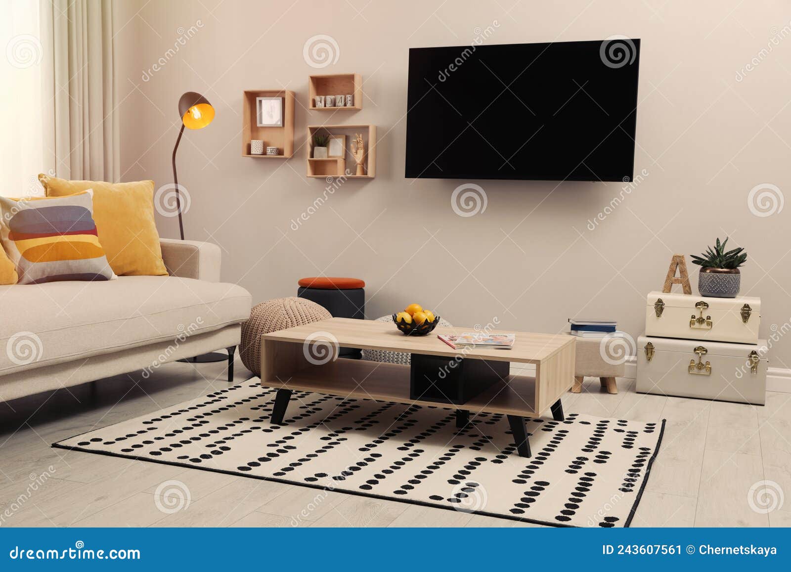 Modern TV, Comfortable Sofa and Decor Elements in Living Room Stock ...