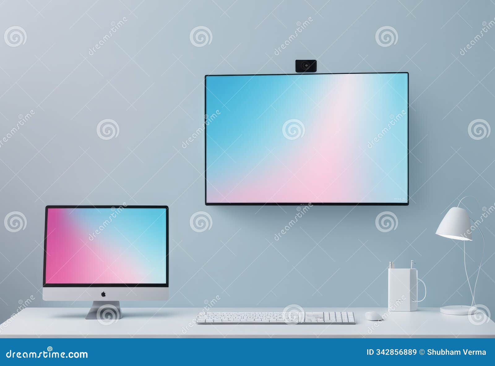 Modern Tv with Computer and Tablet on the Table . 3d Illustration Blank ...