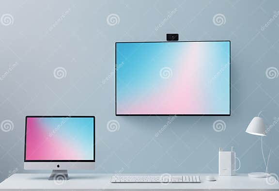 Modern Tv with Computer and Tablet on the Table . 3d Illustration Blank ...