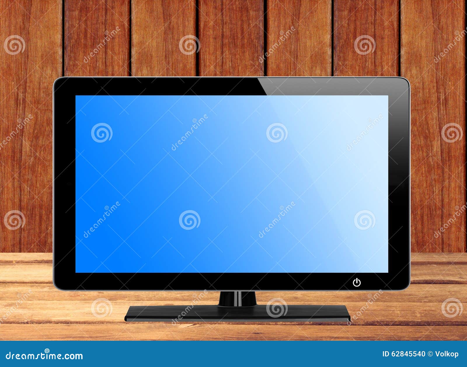 Modern TV Screen with Blue Screen on Wooden Table Stock Photo - Image ...