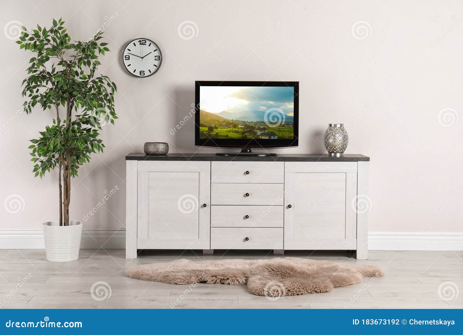 Modern TV Set in Living Room Stock Photo - Image of clock, broadcasting ...