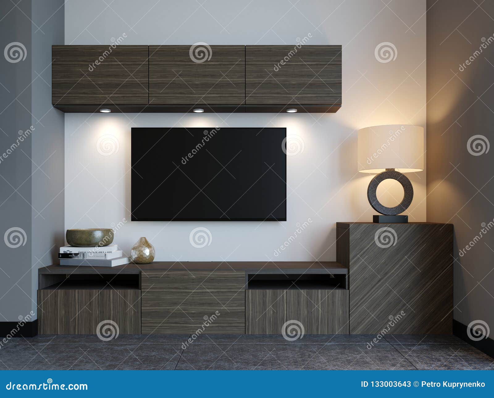 Modern TV Stand with TV in Loft Apartment Stock Illustration ...