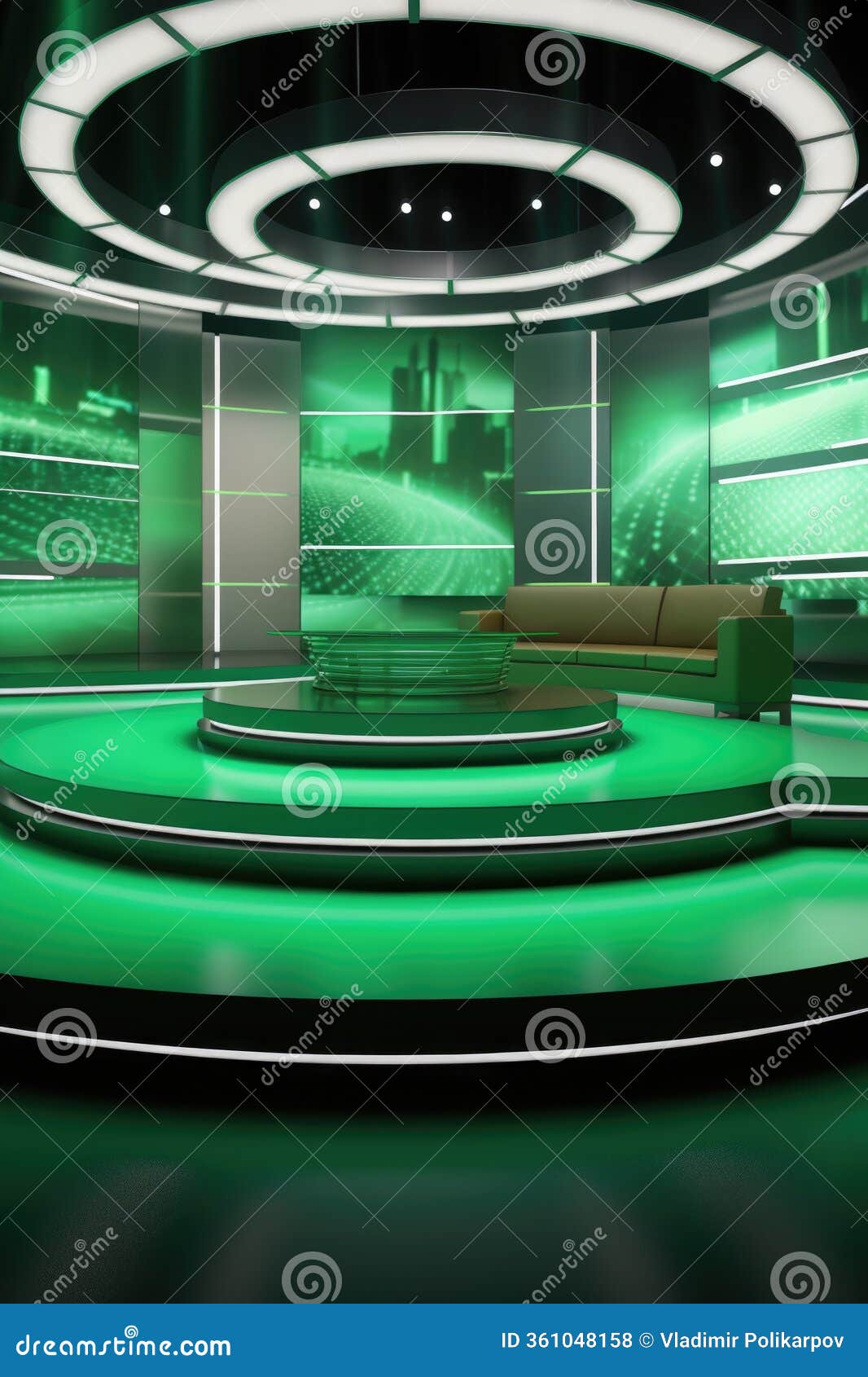 A Modern TV Studio with Green Lighting. Suitable for Broadcasting or ...