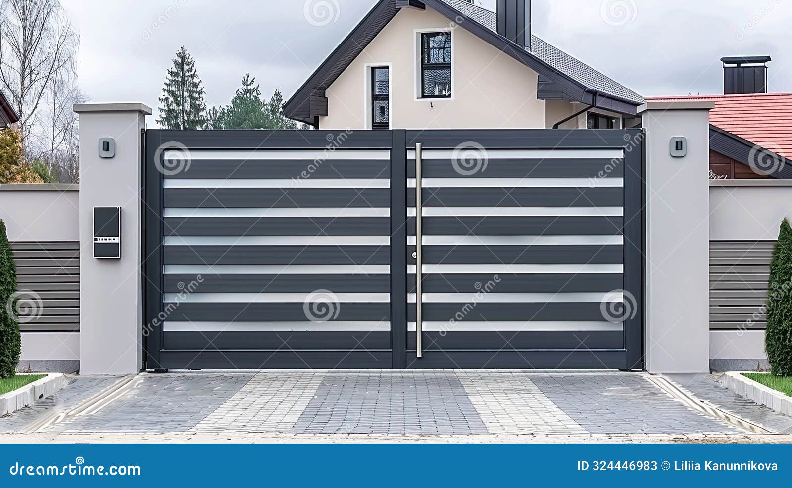A Modern, Two-door Aluminum Gate with Silver Stripes, an Intercom ...