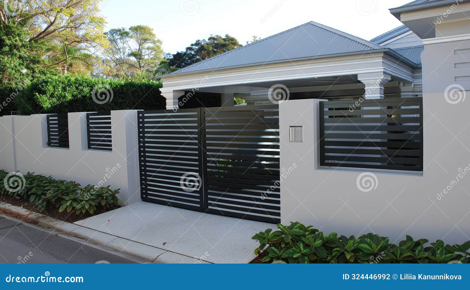 A Modern, Two-door Aluminum Gate with Silver Stripes, an Intercom ...