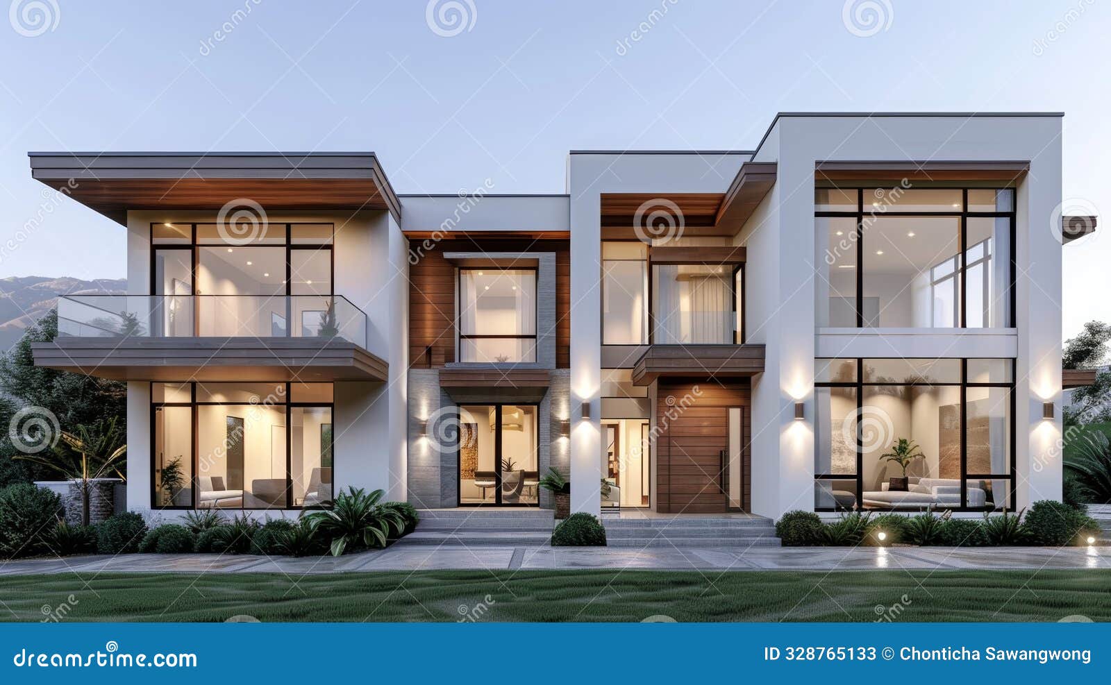 Modern Two-story House with Large Windows and a Spacious Front Yard ...