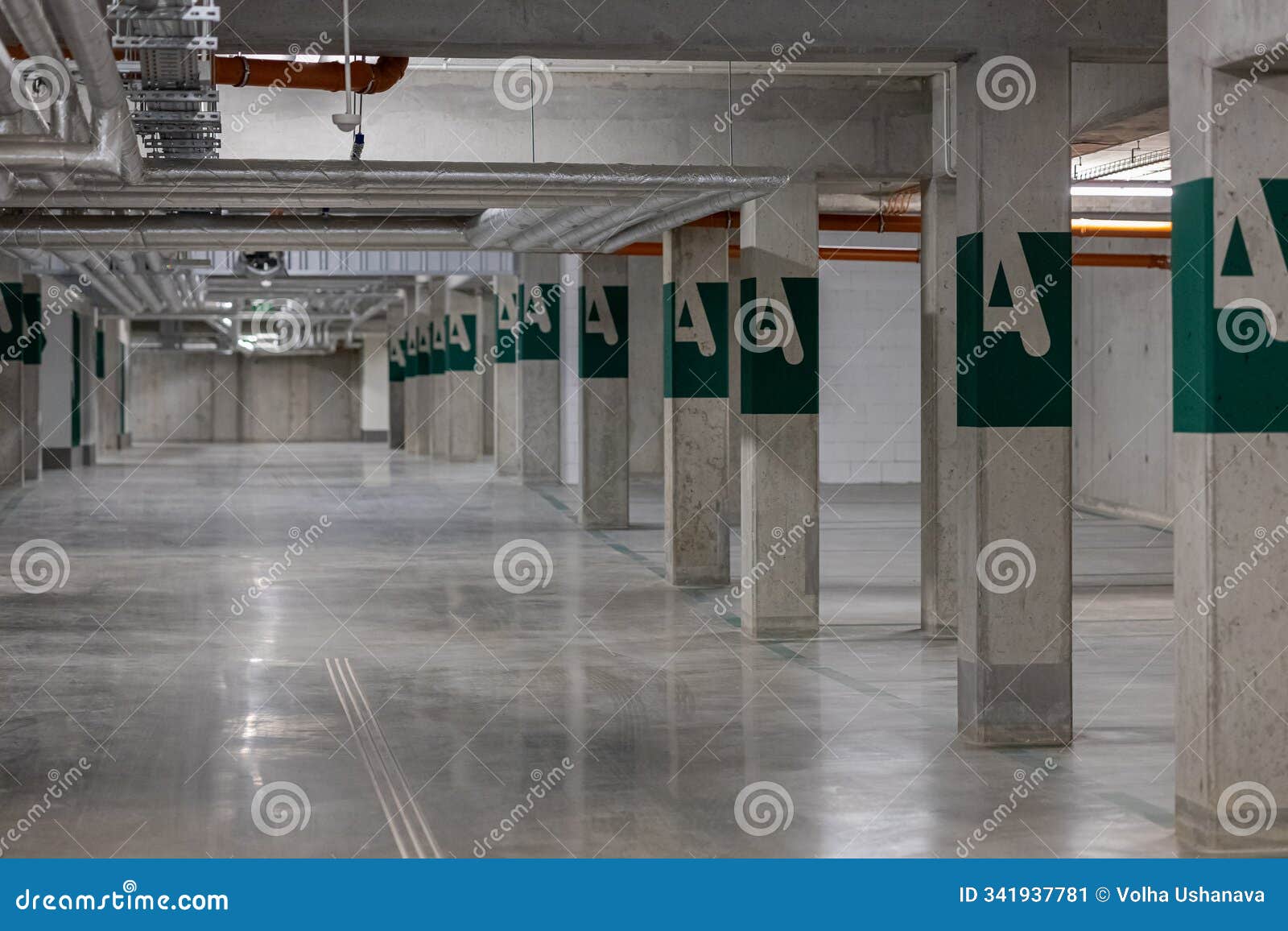 Modern Underground Parking Lot With Concrete Columns, Ventilation Ducts ...